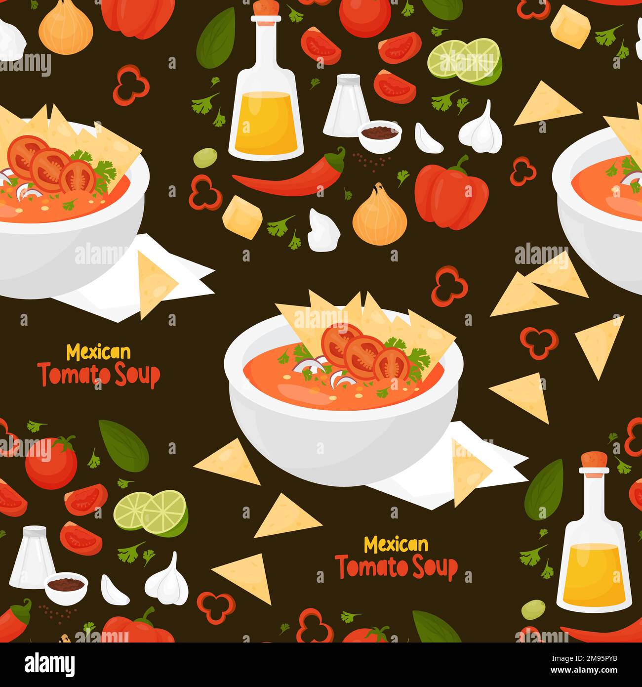 Seamless pattern with Mexican Tomato Soup on black background with ...