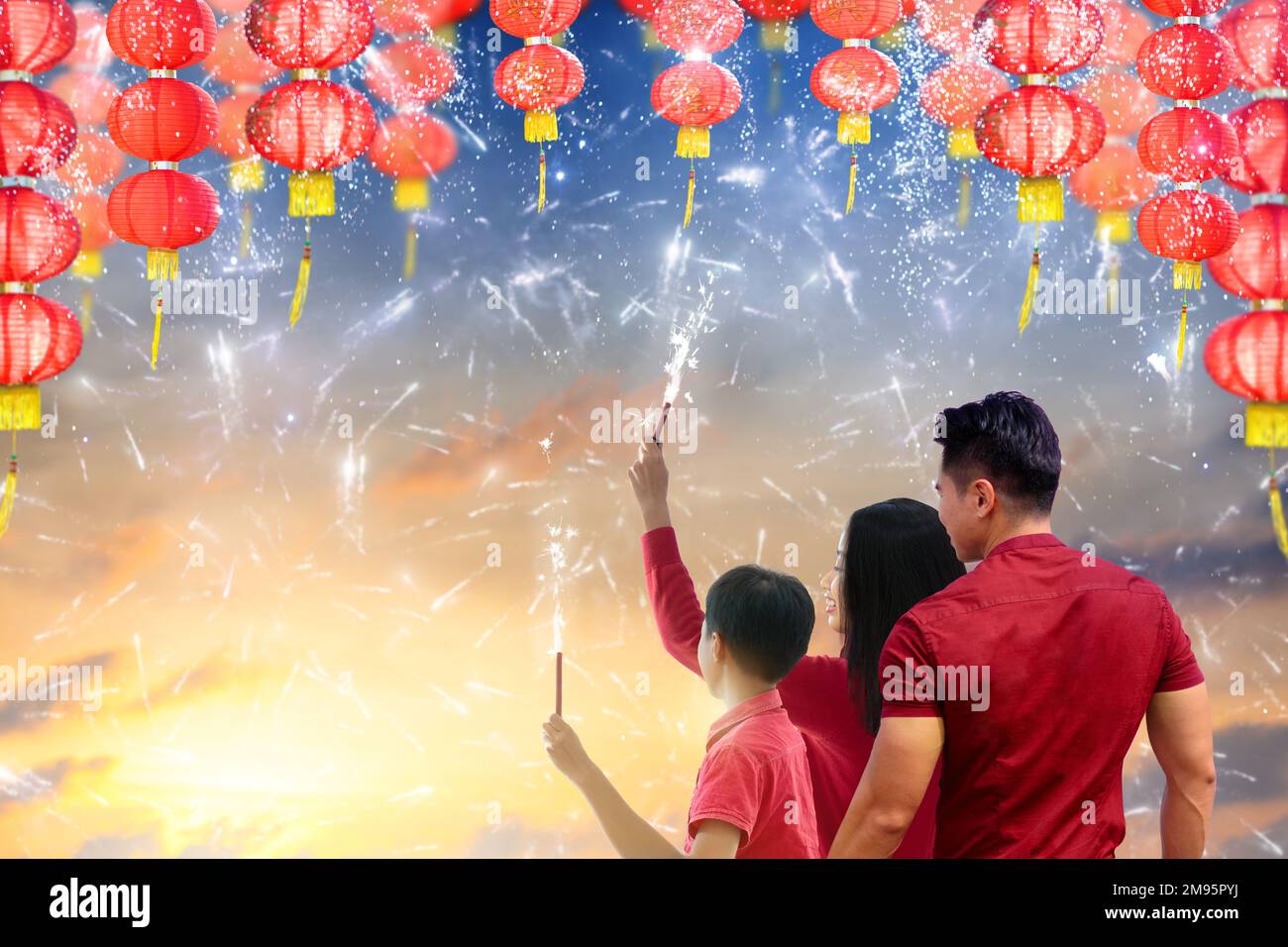 Chinese New Year lanterns and firework. Family celebrating Lunar new ...