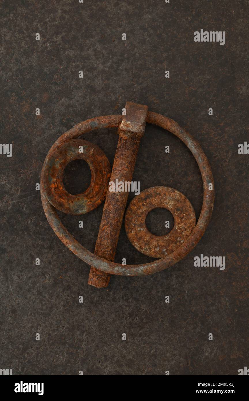 Rusty metal pin and split ring lying with two old washers on old ...
