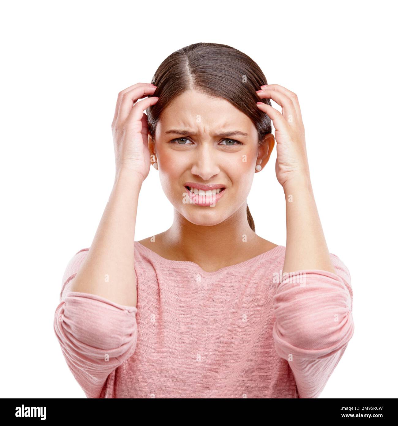 Headache, stress and frustrated with woman in pain suffering with ...