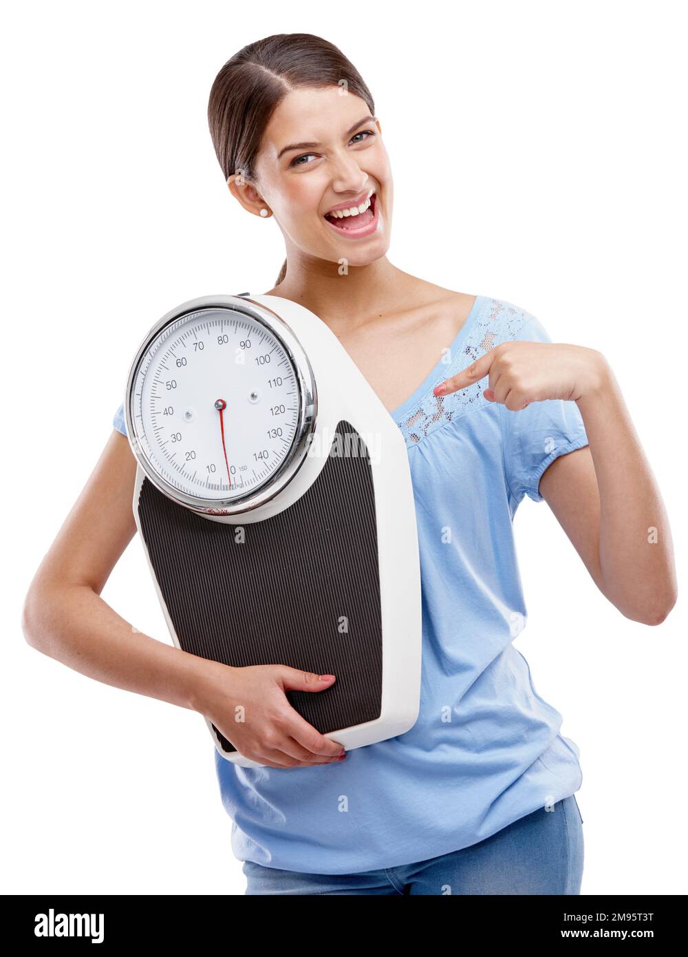 Health, weight loss and scale with portrait of woman for fitness ...