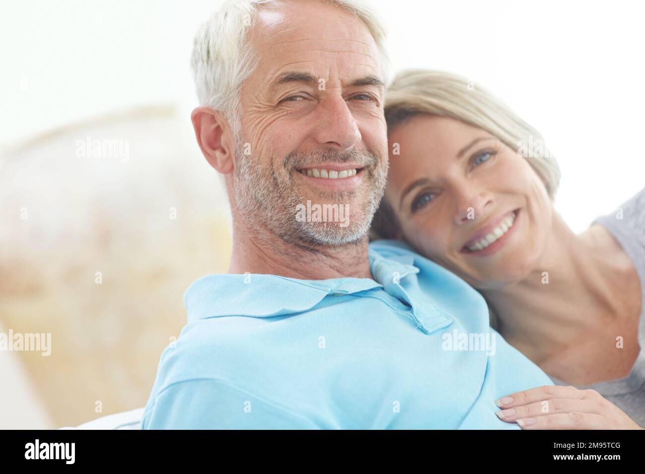 Senior couple, retirement and portrait in their home with love, care ...