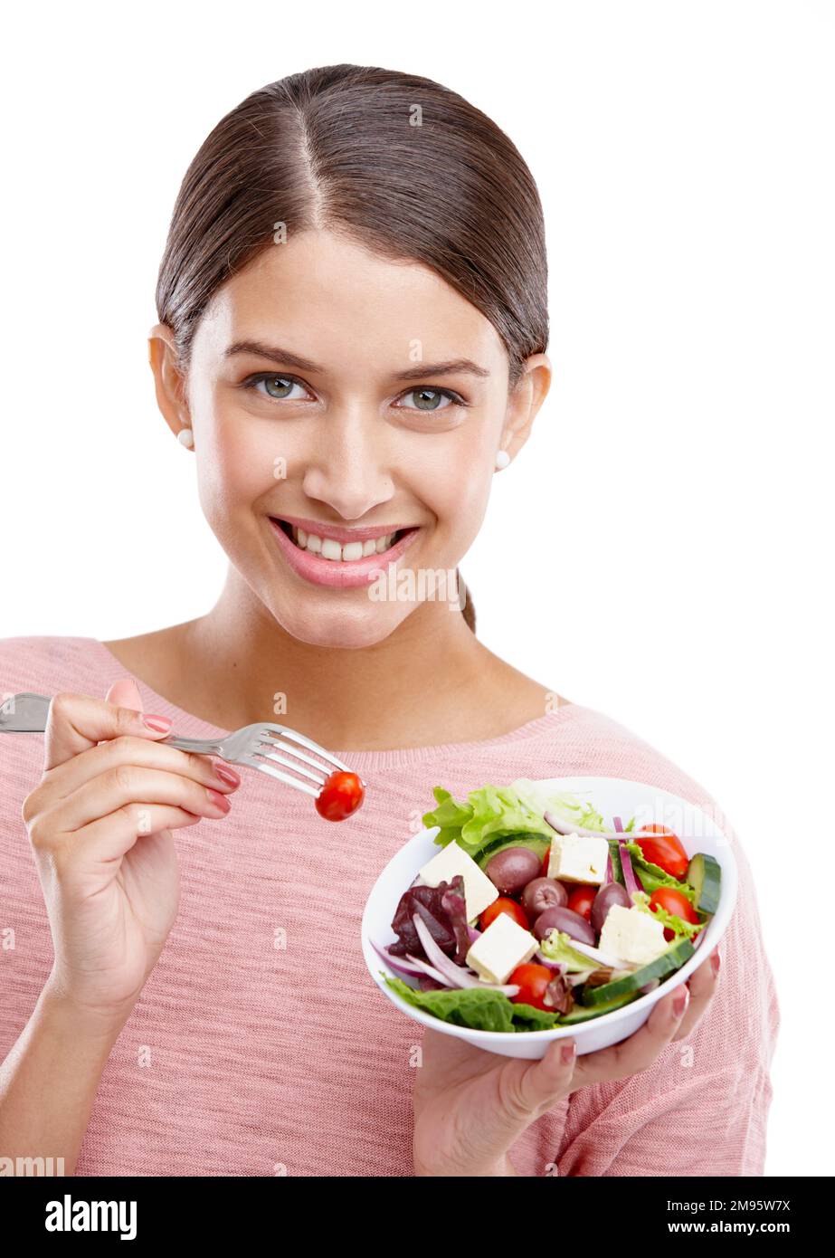 Woman, smile and salad bowl for healthy diet, meal or food for ...