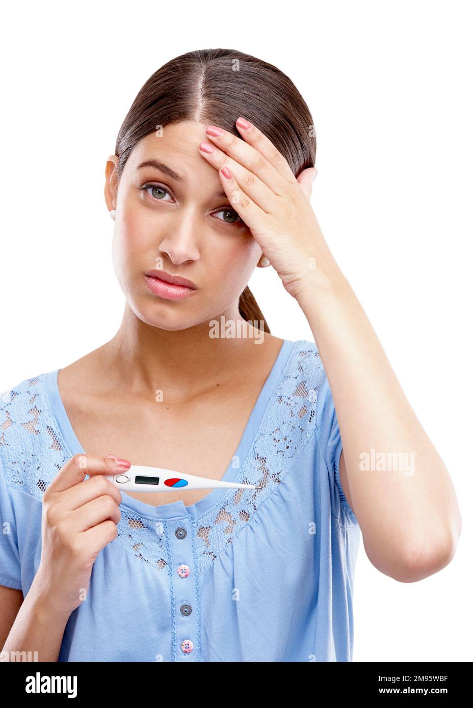 Portrait, confused and pregnant woman pregnancy test in studio, bad and ...