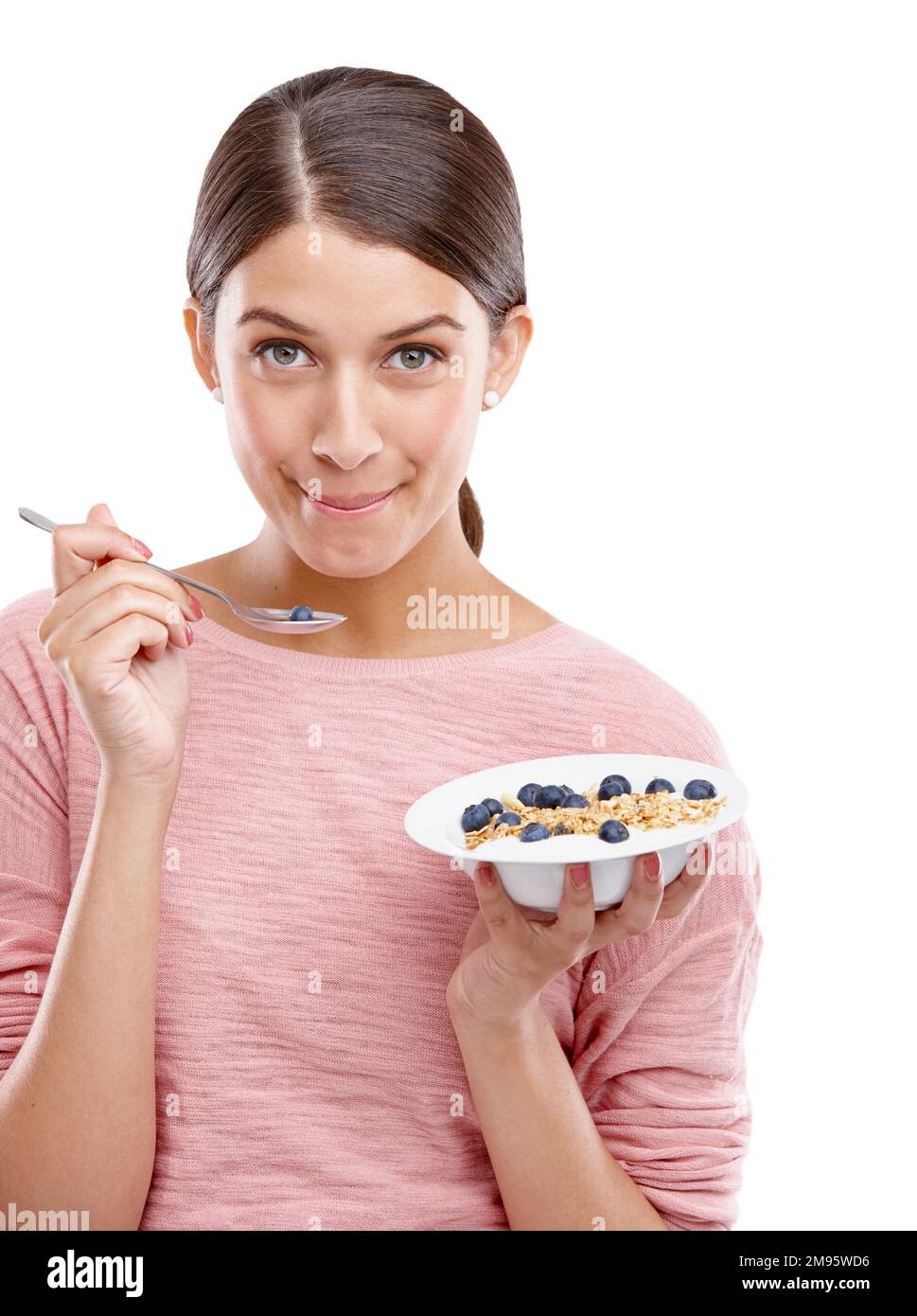 Happy, woman and healthy breakfast bowl of cereal for eating against ...