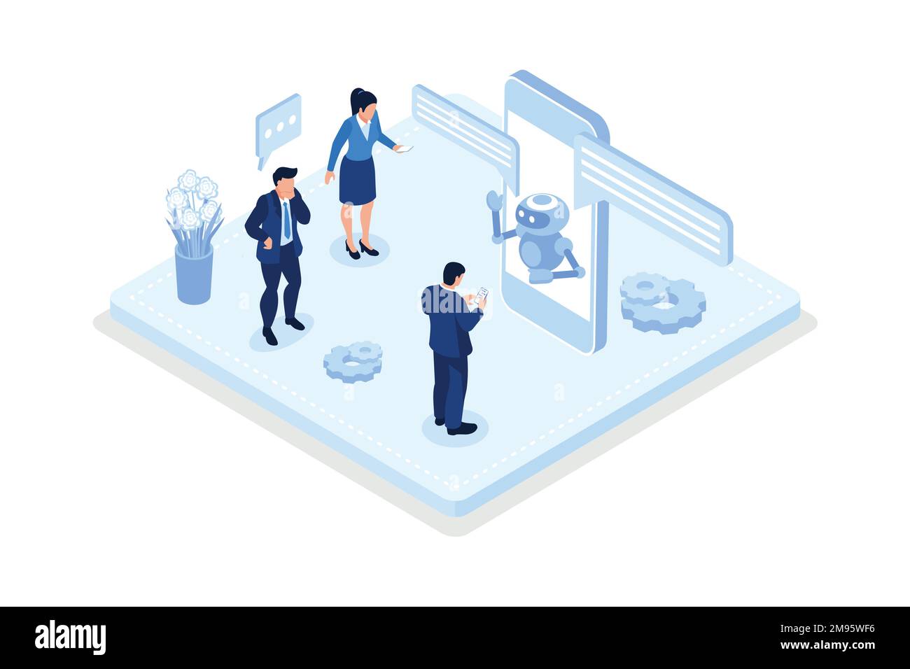 Characters Chatting With Robot Ai Assistant Support And Faq Concept Isometric Vector Modern