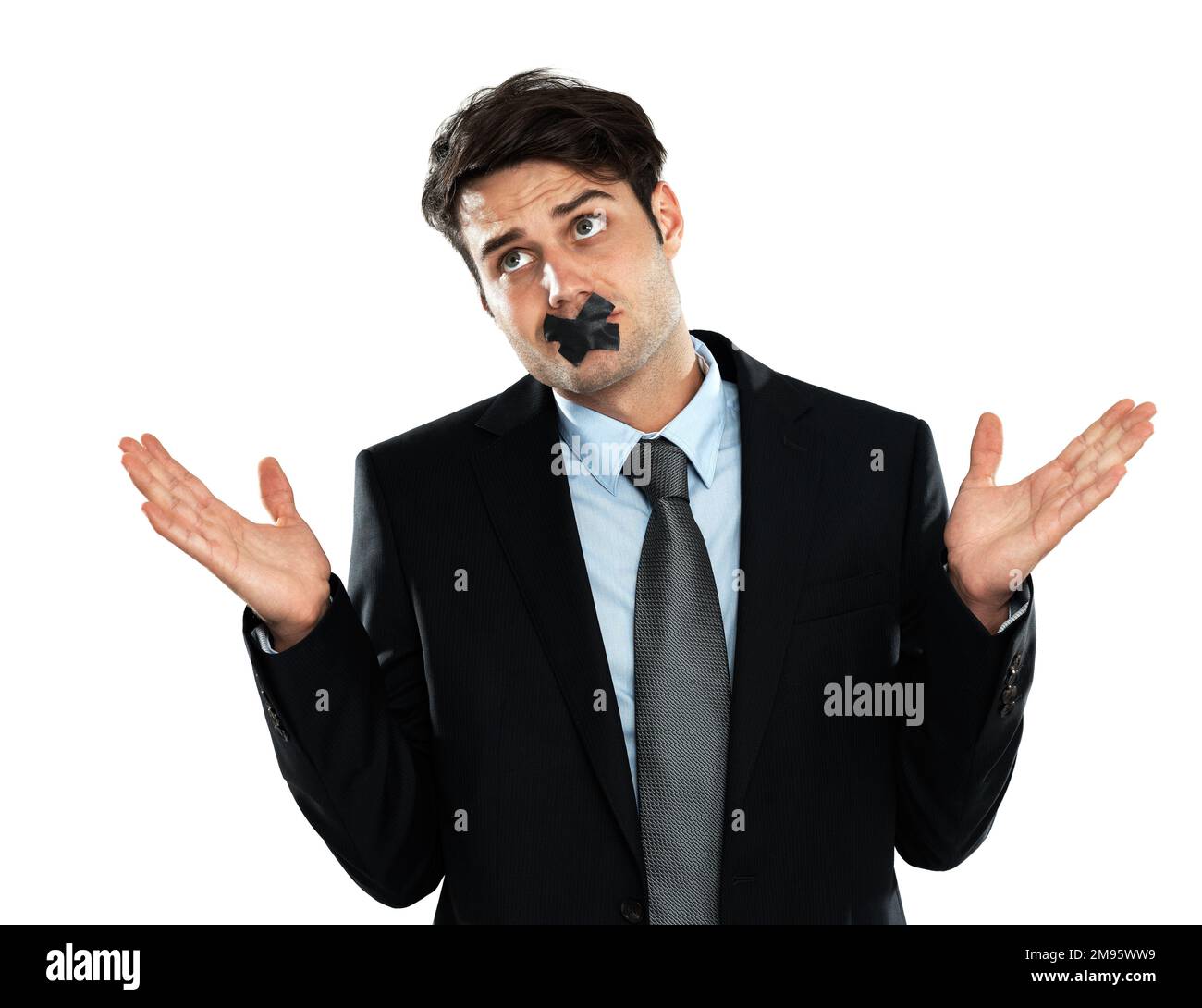 Business man, censored mouth and shrug in a suit for employee ...