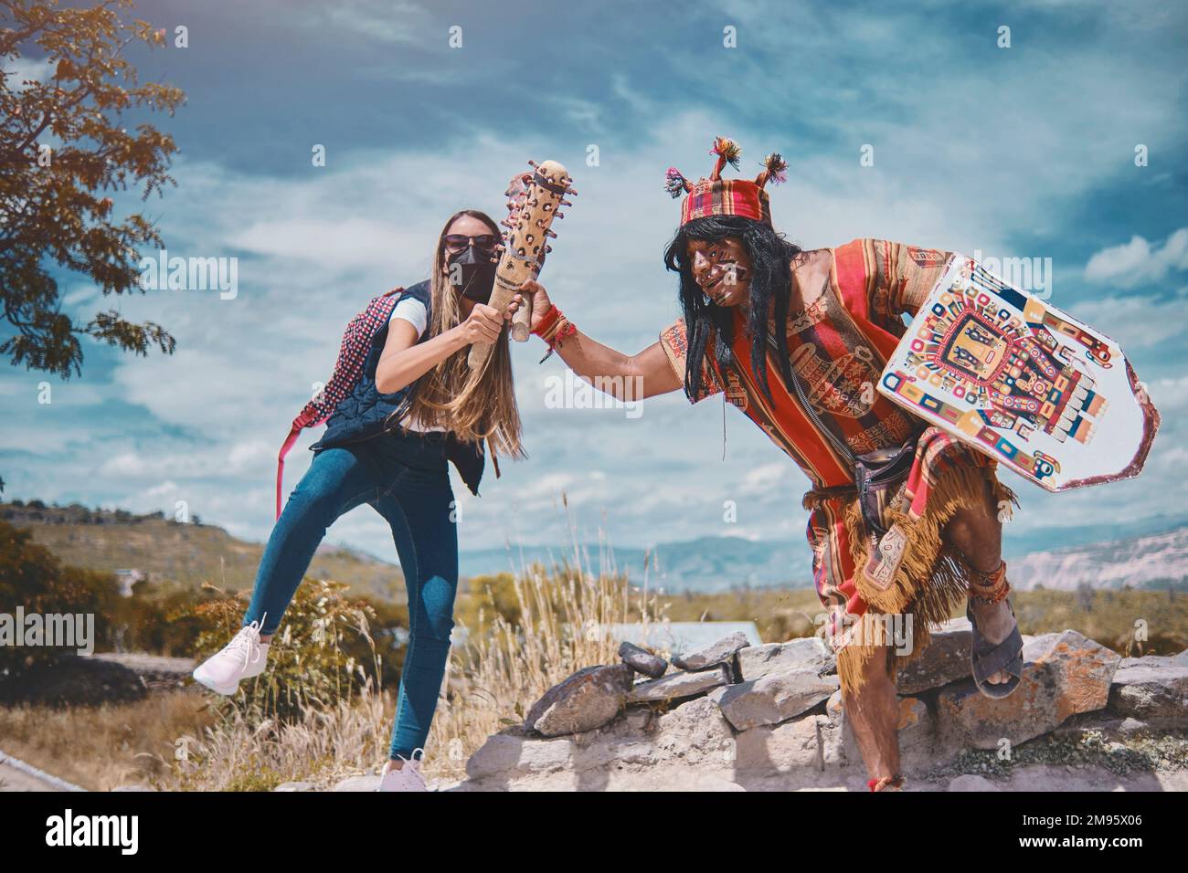 Representation of Inca warrior dressed and with battle, preHispanic ...