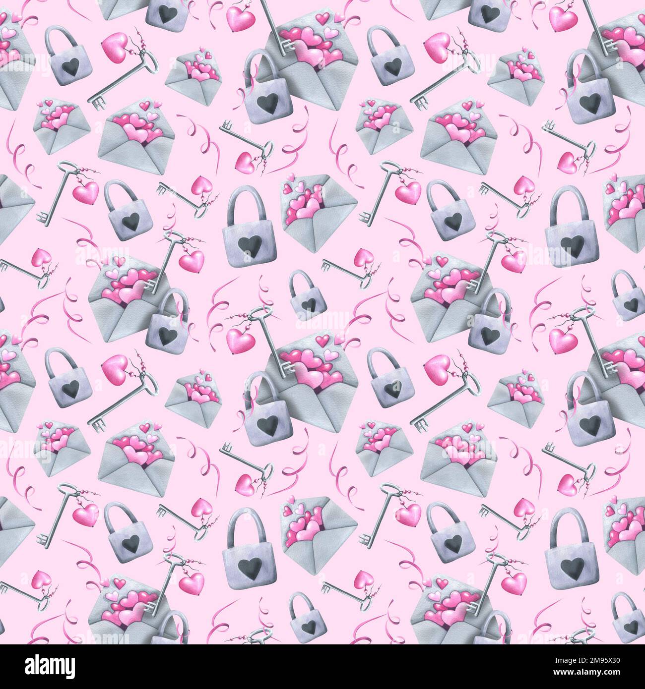 Cute envelopes with pink hearts, gray keys and locks. Watercolor ...