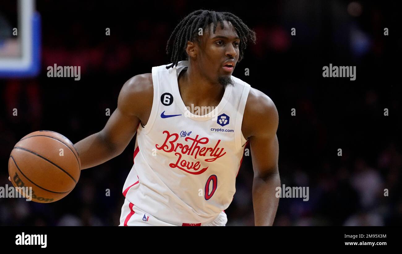 Philadelphia 76ers' Tyrese Maxey plays during an NBA basketball game ...