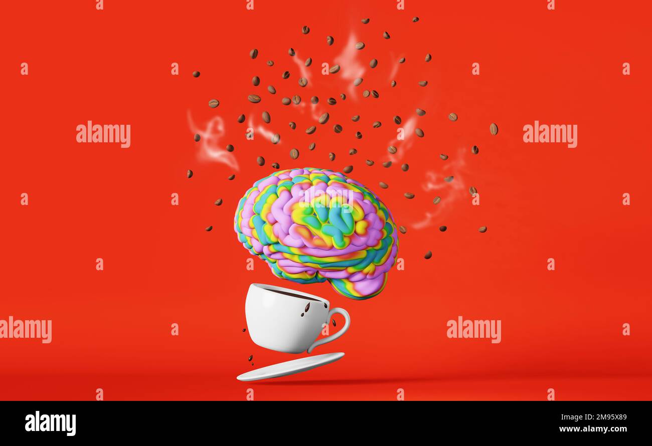 Floating rainbow human brain steaming coffee beans explosion porcelain ...