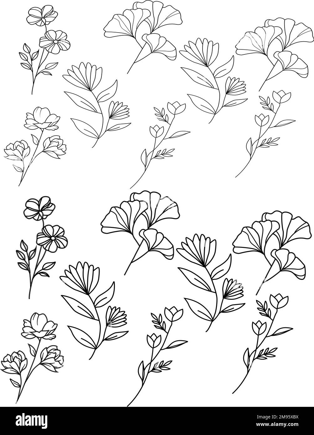 A vertical vector illustration simple of flower drawings on a white ...