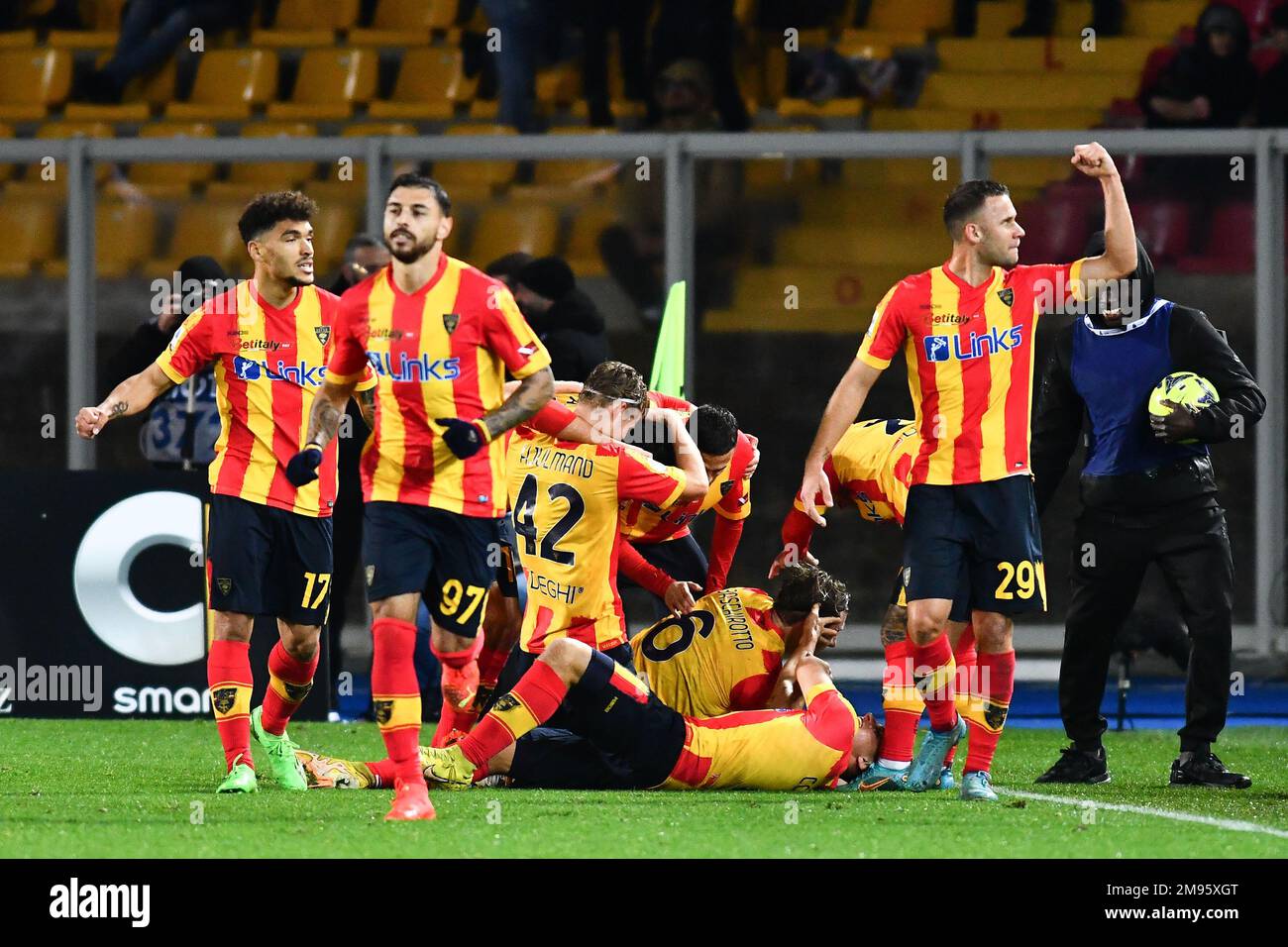 Federico Baschirotto, defender of Lecce, celebrates for 2-0 during the ...