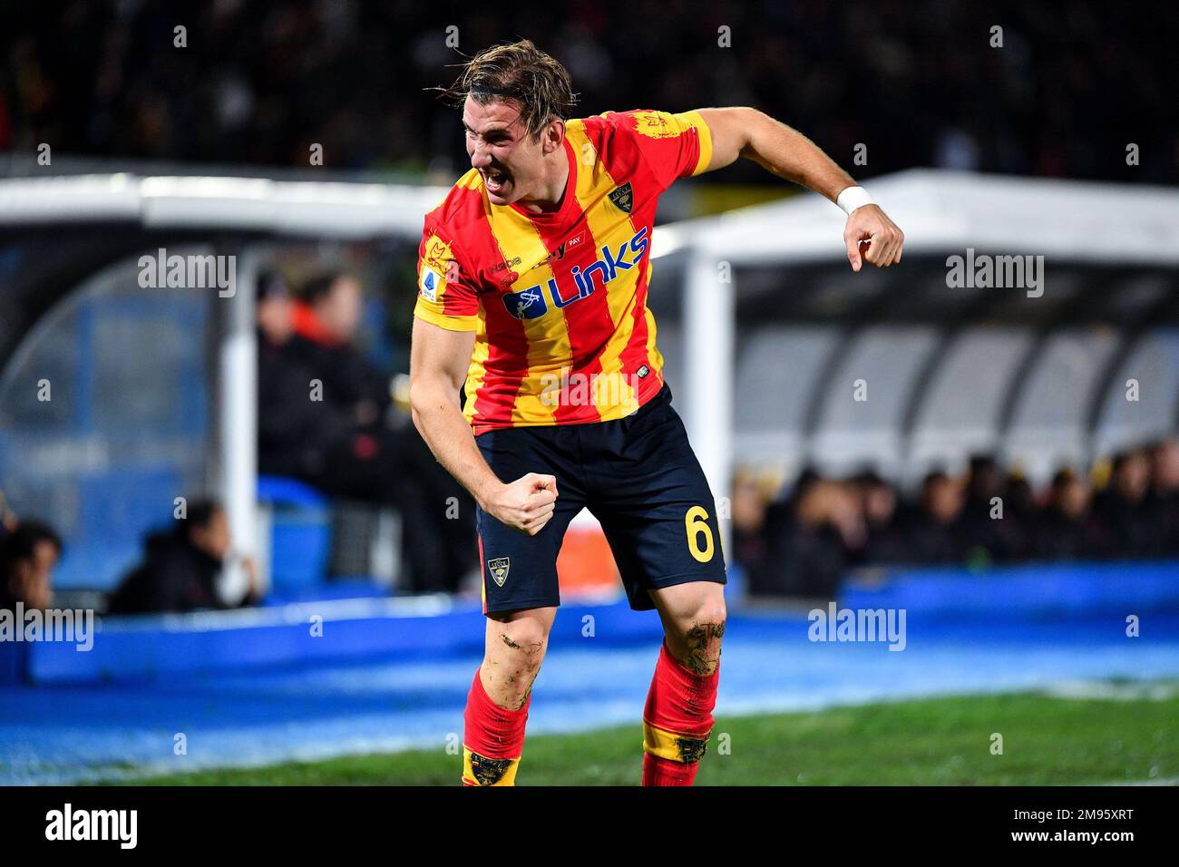 Federico Baschirotto, defender of Lecce, celebrates his goal during the ...