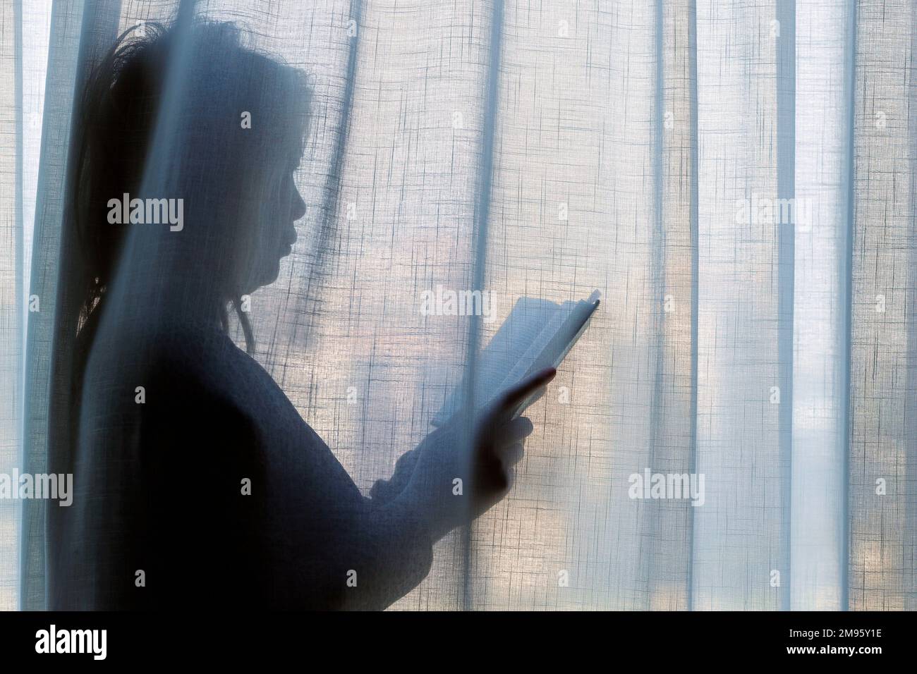 Silhouette of a woman reading the bible behind a semi transparent ...