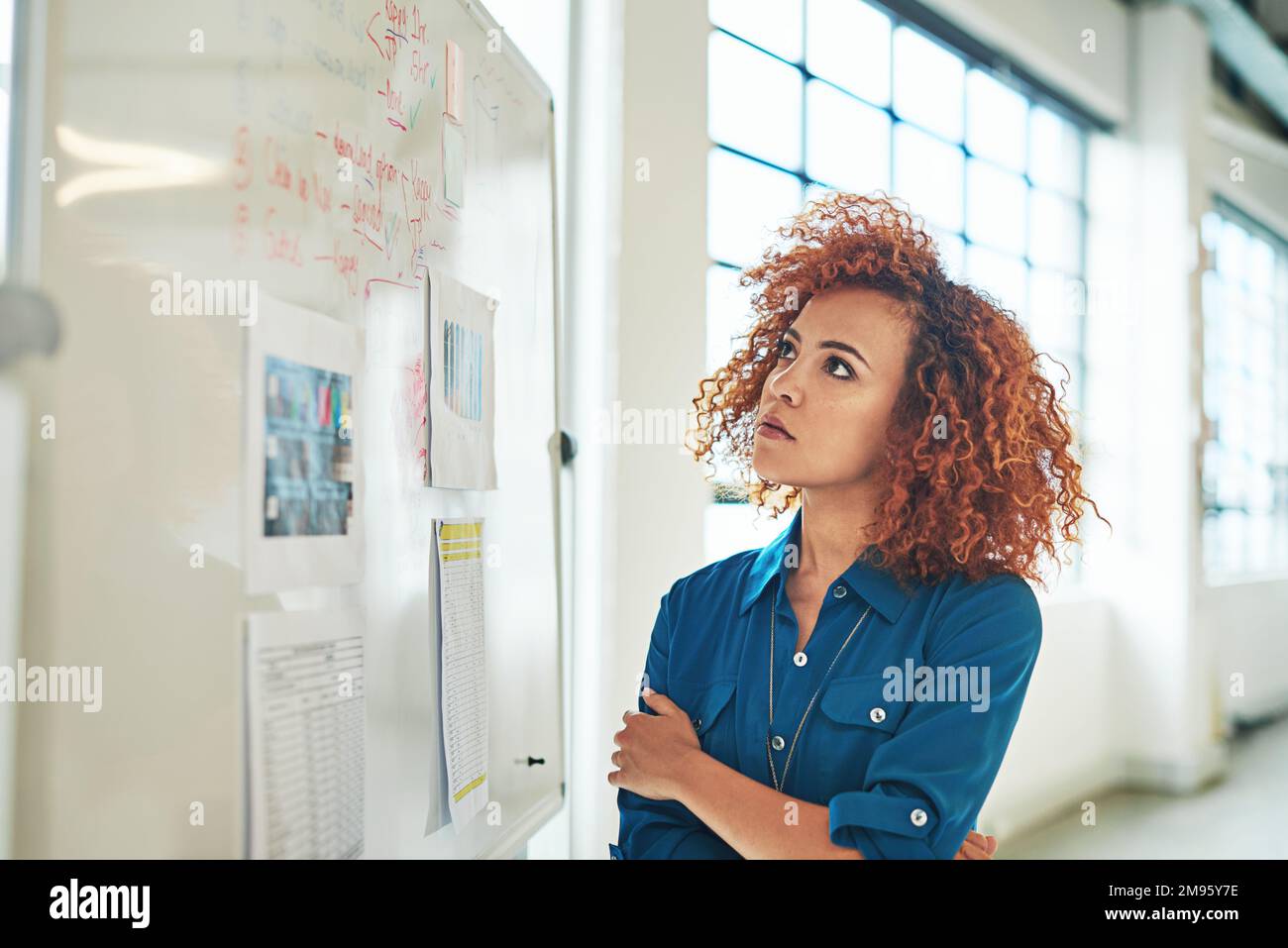 Black woman, thinking and planning idea on whiteboard in office for ...