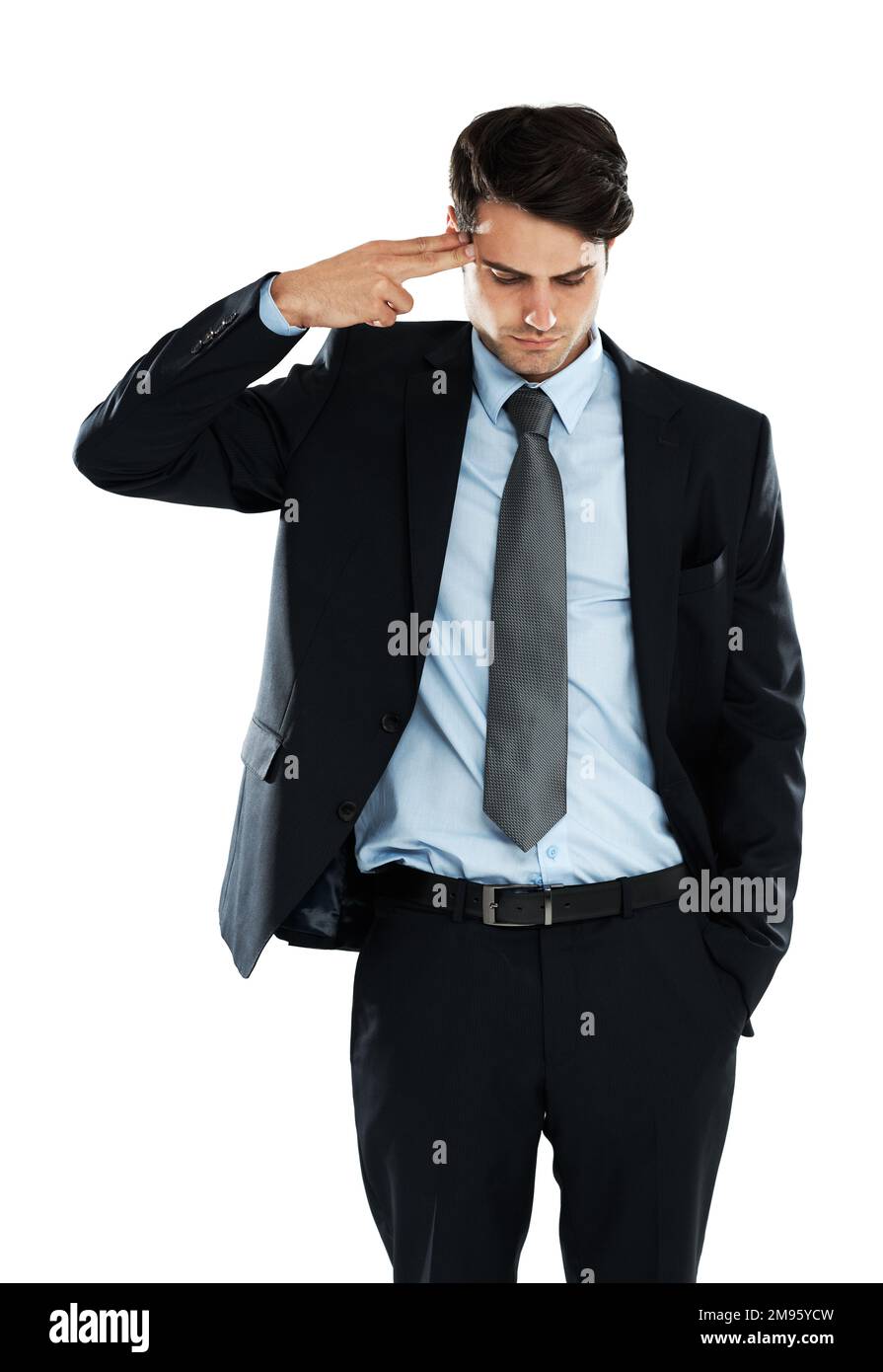 Depression, stress and businessman with finger gun to the head in ...