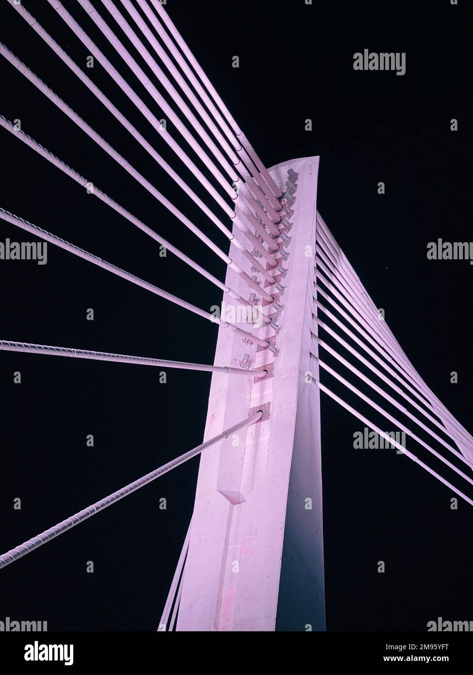 A vertical low angle shot of a modern suspension bridge with lights at ...