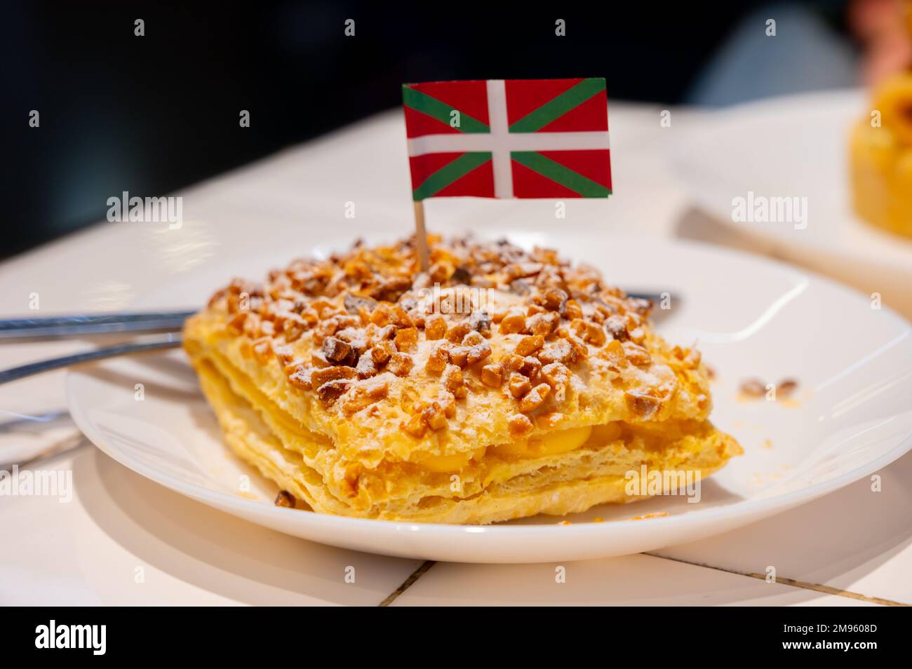 Basque Country food, sweet dessert, puff pastry cake with vanilla cream ...