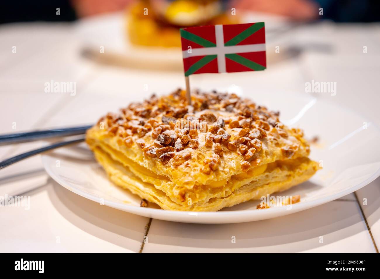 Basque Country food, sweet dessert, puff pastry cake with vanilla cream ...