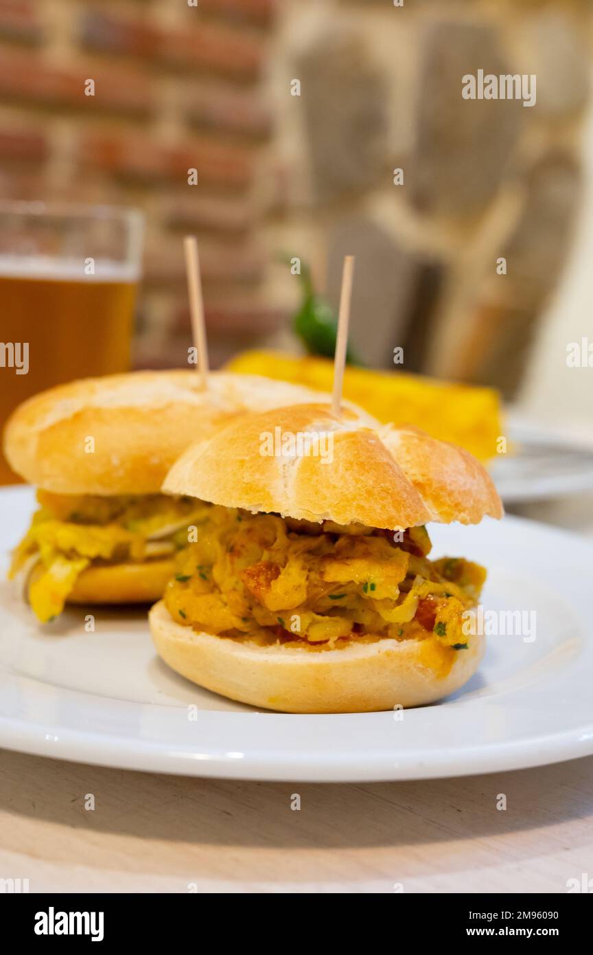 Typical mini burger snack of Basque Country, pinchos or pinxtos, small ...
