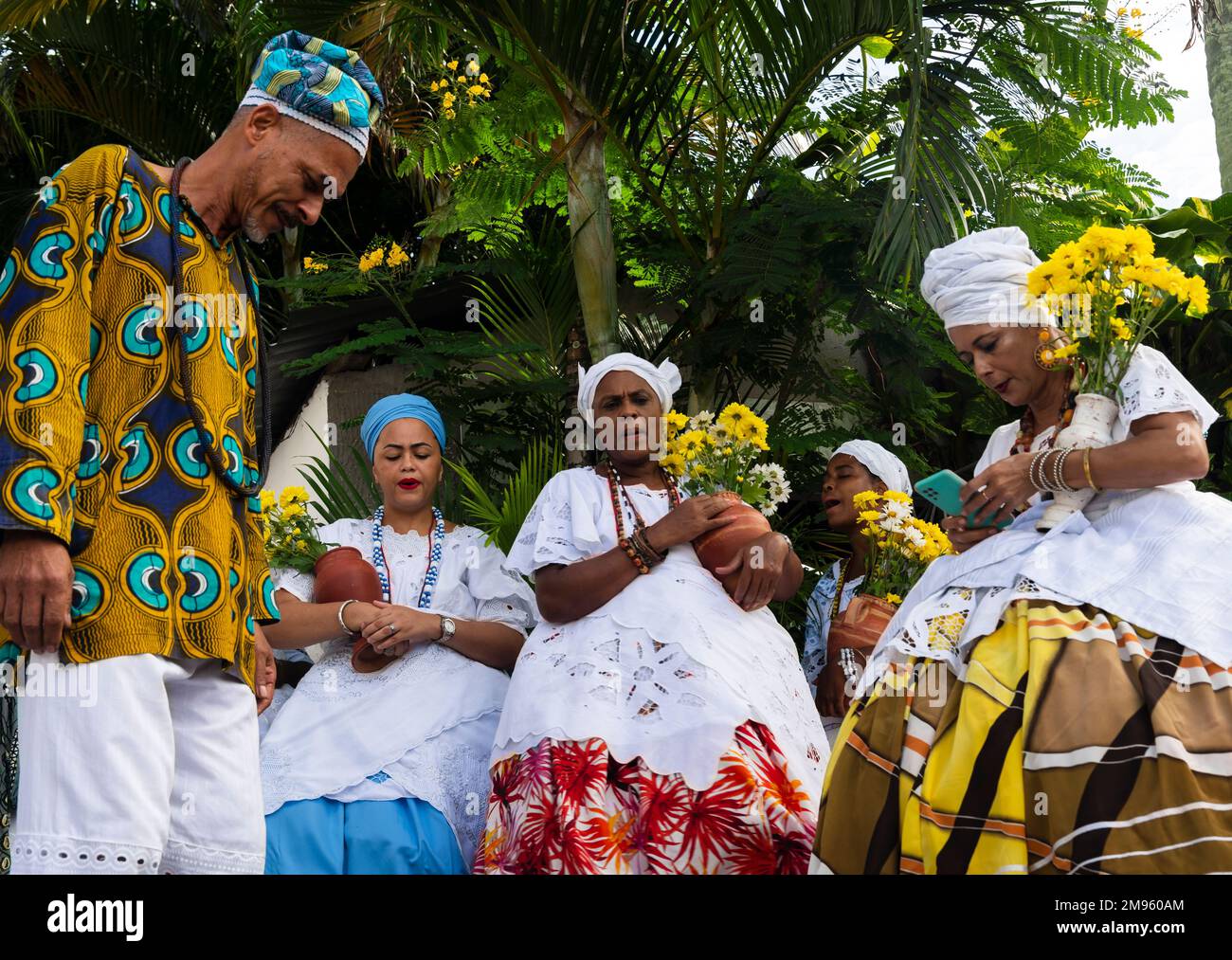 The Candomble members in traditional clothes for the religious festival ...