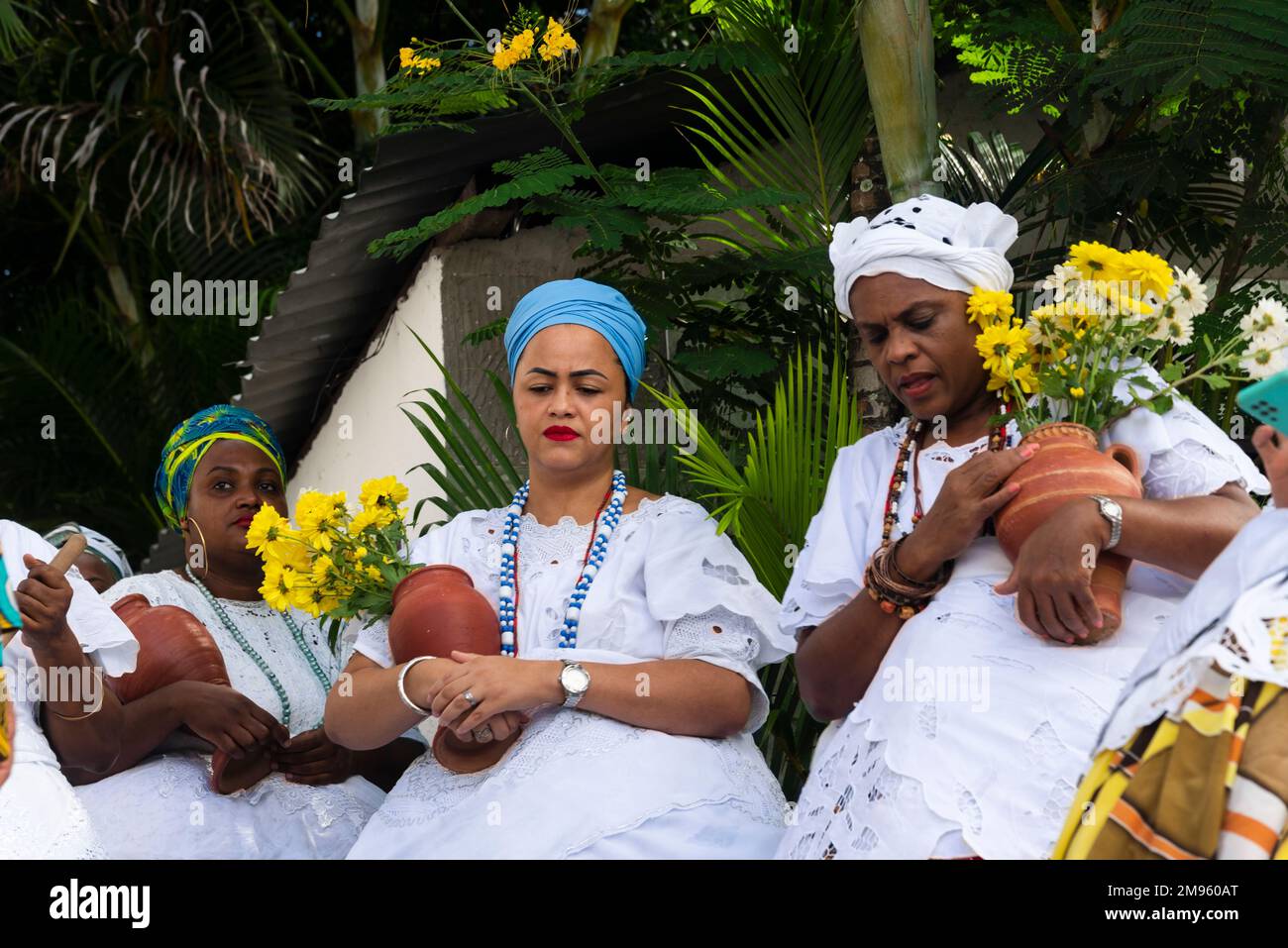 The Candomble members in traditional clothes for the religious festival ...