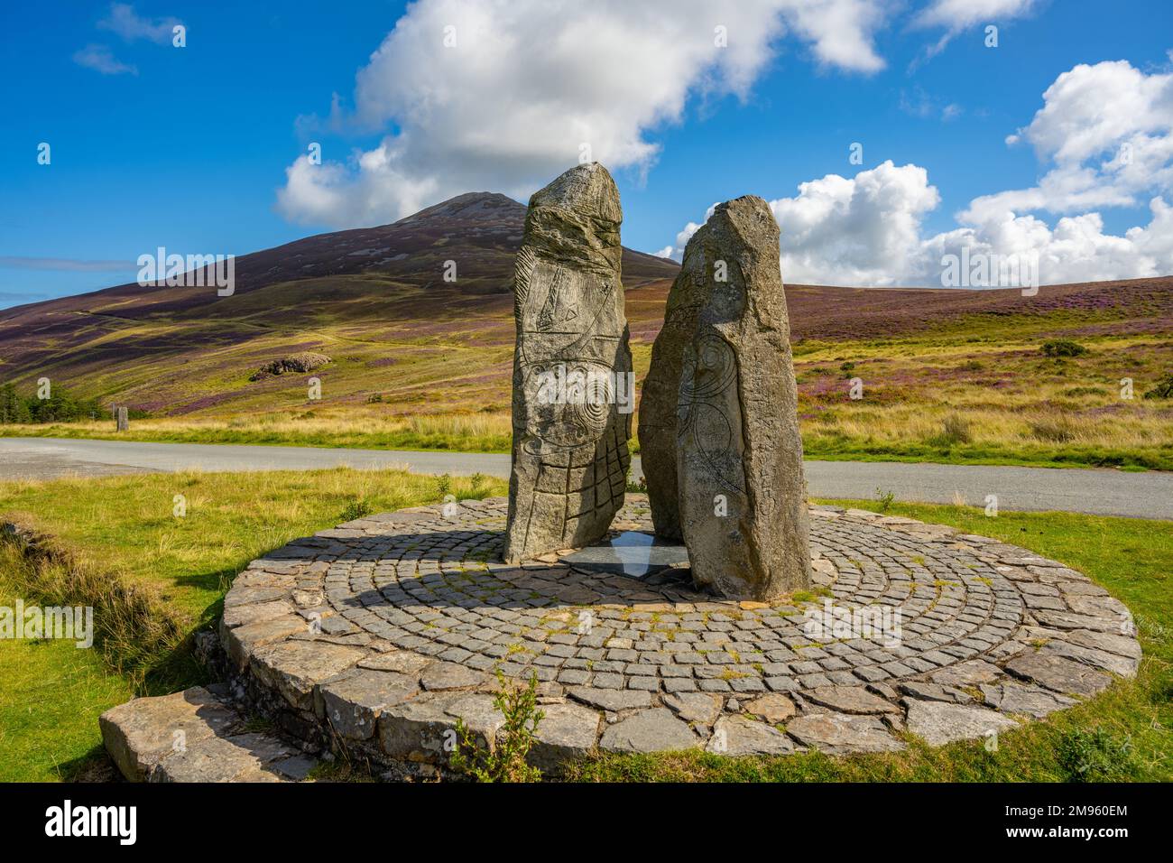 Modern carved standing stones near Nant Gwrtheyrn on the Llyn Peninsula ...
