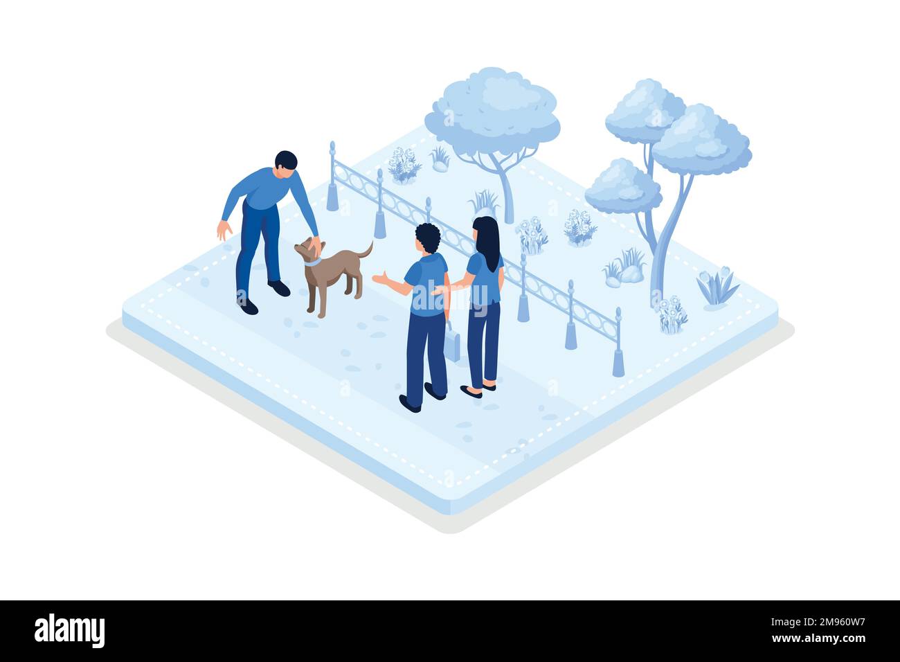 Volunteers in shelter helping animals. Pet care concept, isometric ...