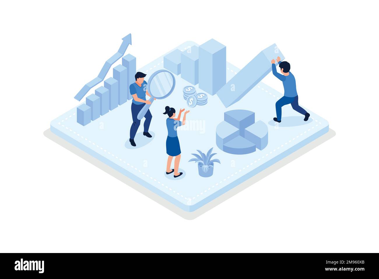 People analyzing market trends, Seo targeting and performance concept, isometric vector modern ...
