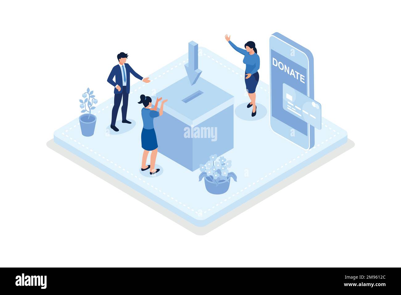 Volunteers putting coins in donation box and donating with credit card ...