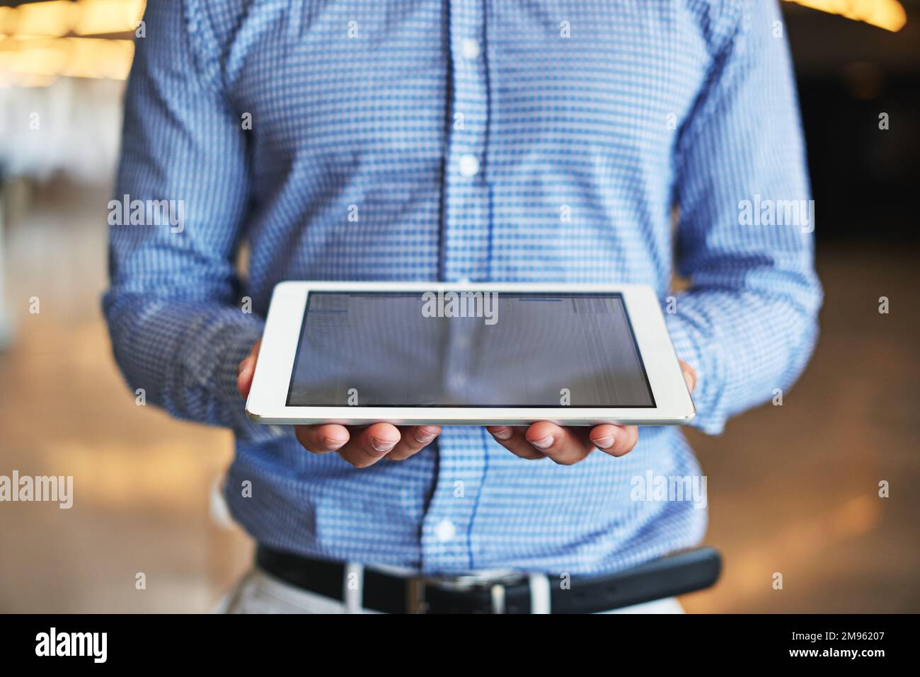 Digital tablet, office and closeup of a businessman ready to do ...