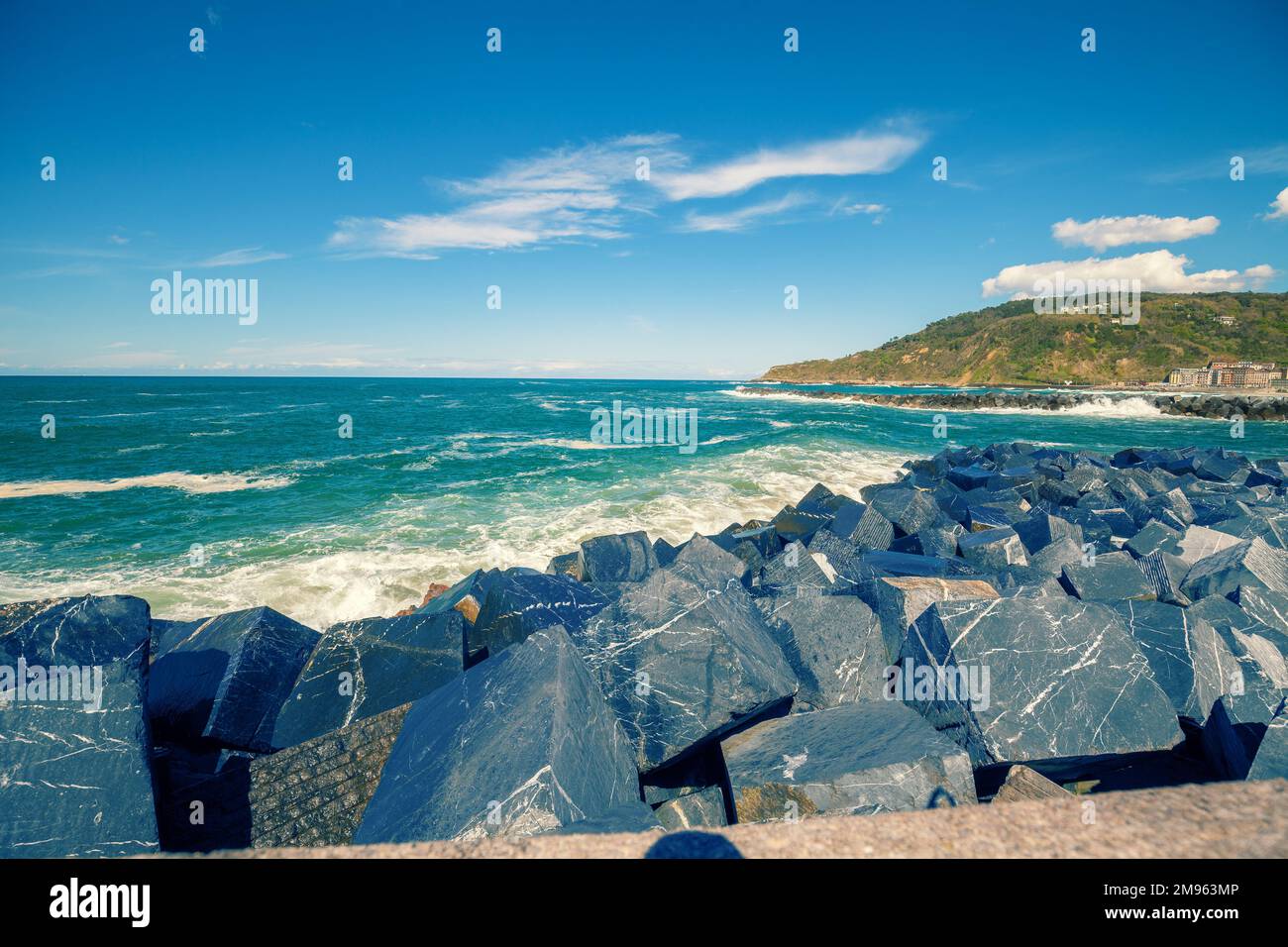 Landscape with sea and cliffs. Rocky seashore on a sunny day. Beautiful ...