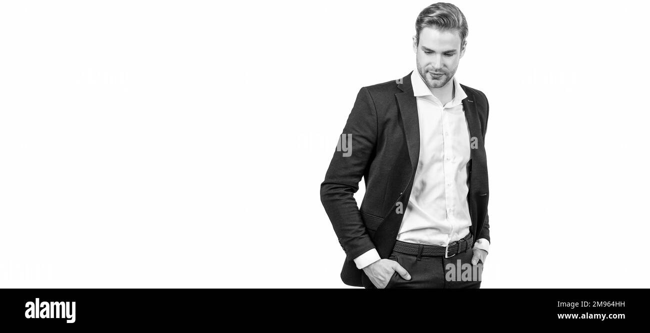 Man face portrait, banner with copy space. Business man in suit ...