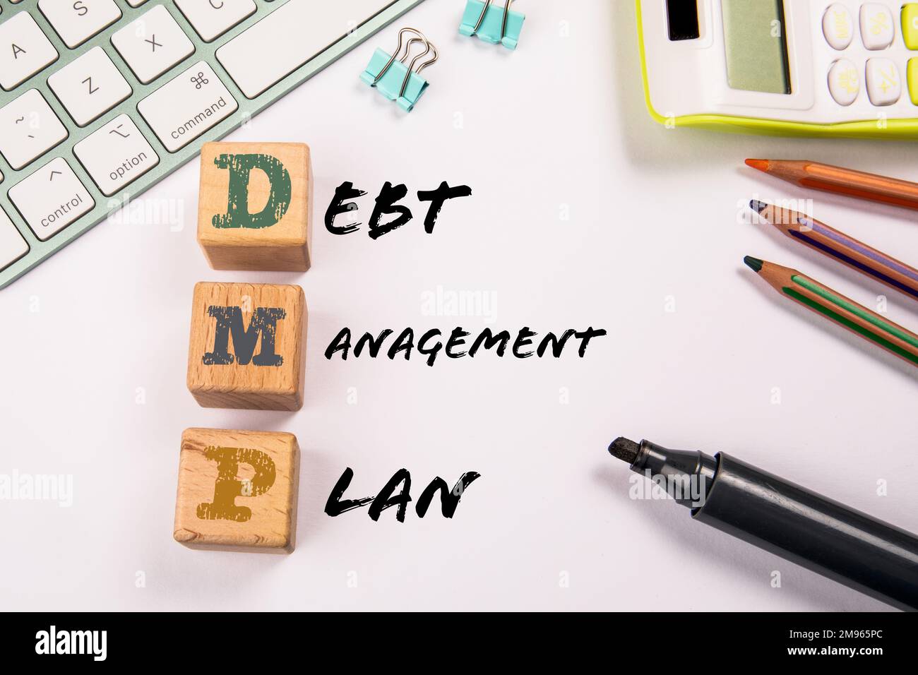 DMP - Debt Management Plan. Wooden blocks on a white office table Stock ...