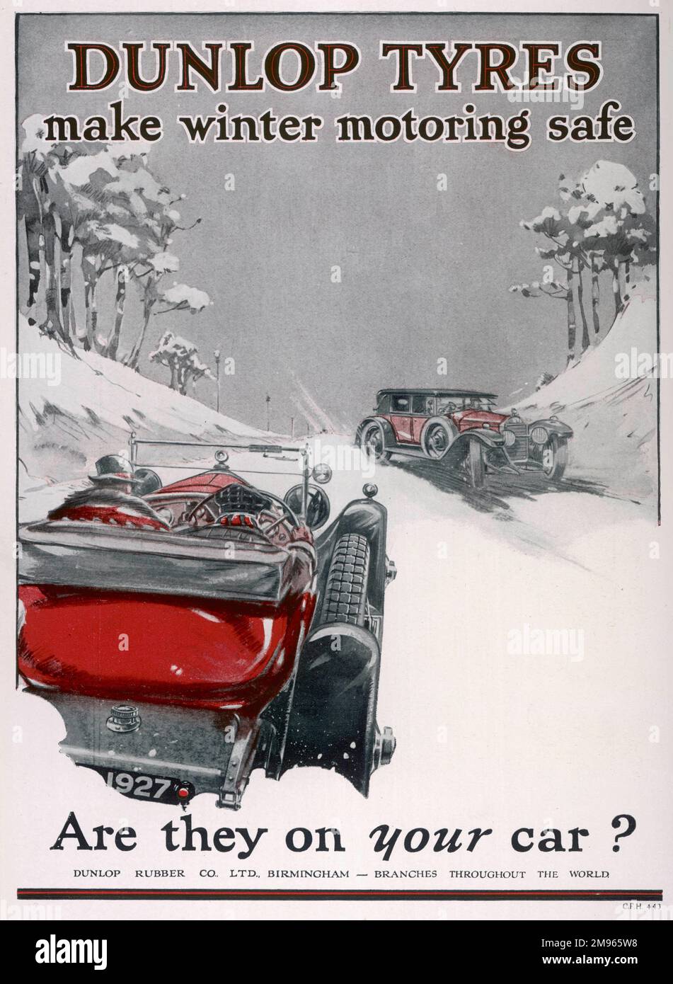 Advert for Dunlop tyres showing motor cars in the snow, with the tag ...