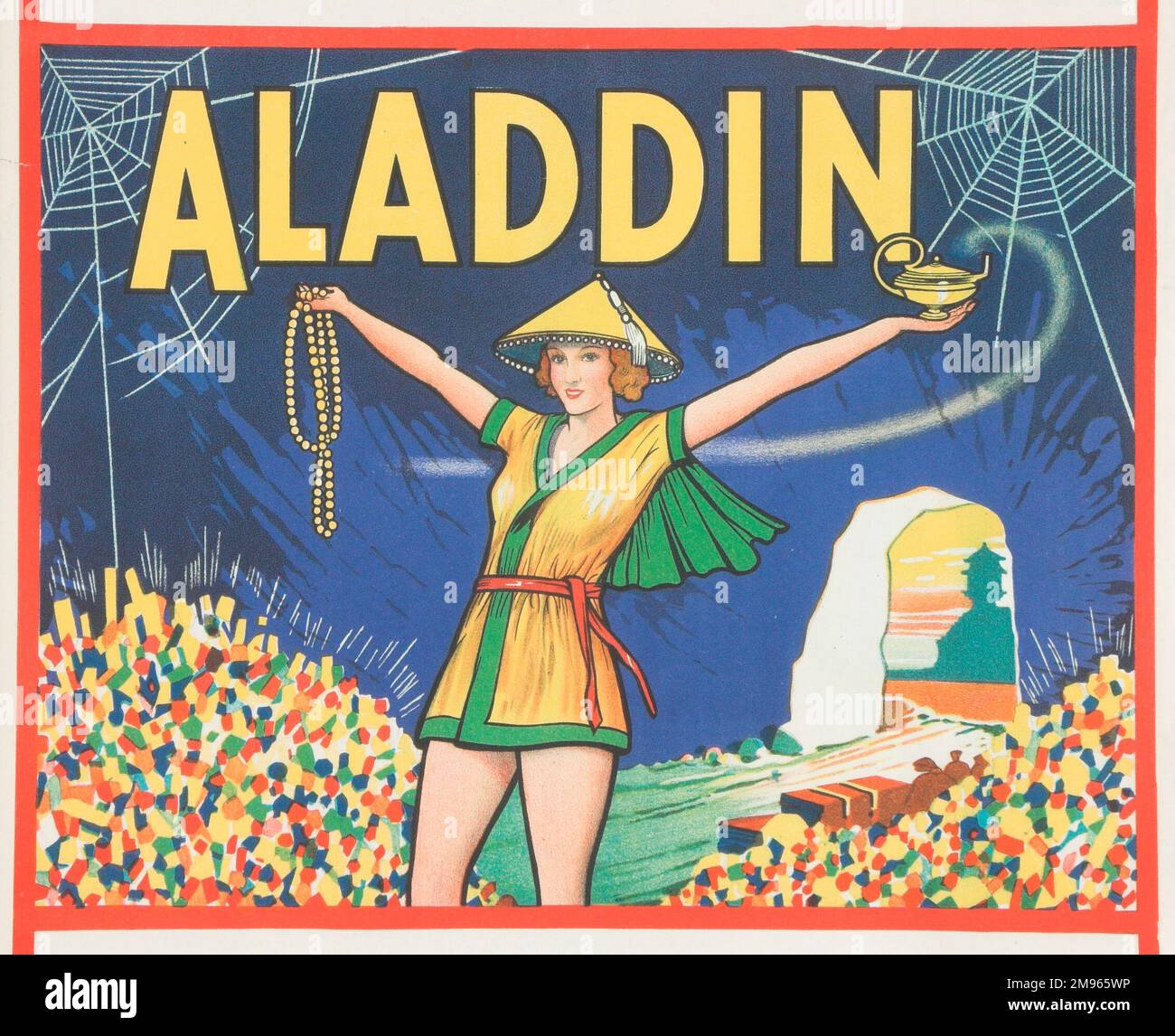 Theatre poster for the pantomime, Aladdin, depicting Aladdin in cave of ...
