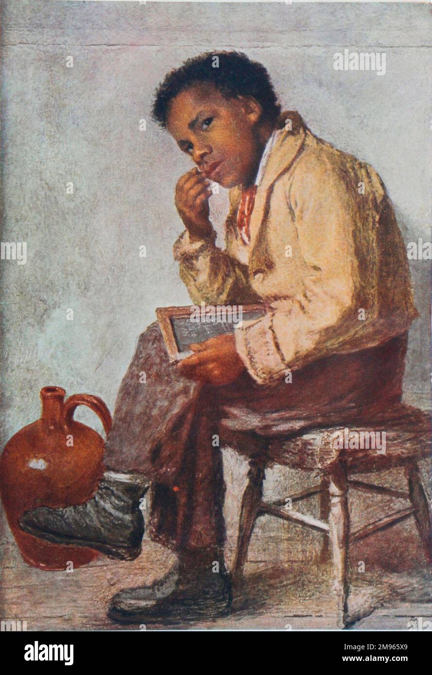 Illustration of a young boy sitting with a slate Stock Photo - Alamy