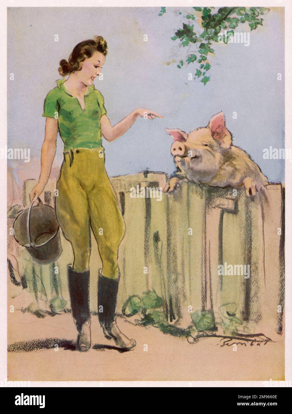 A land girl feeding a happy looking pig on a farm during World War II ...