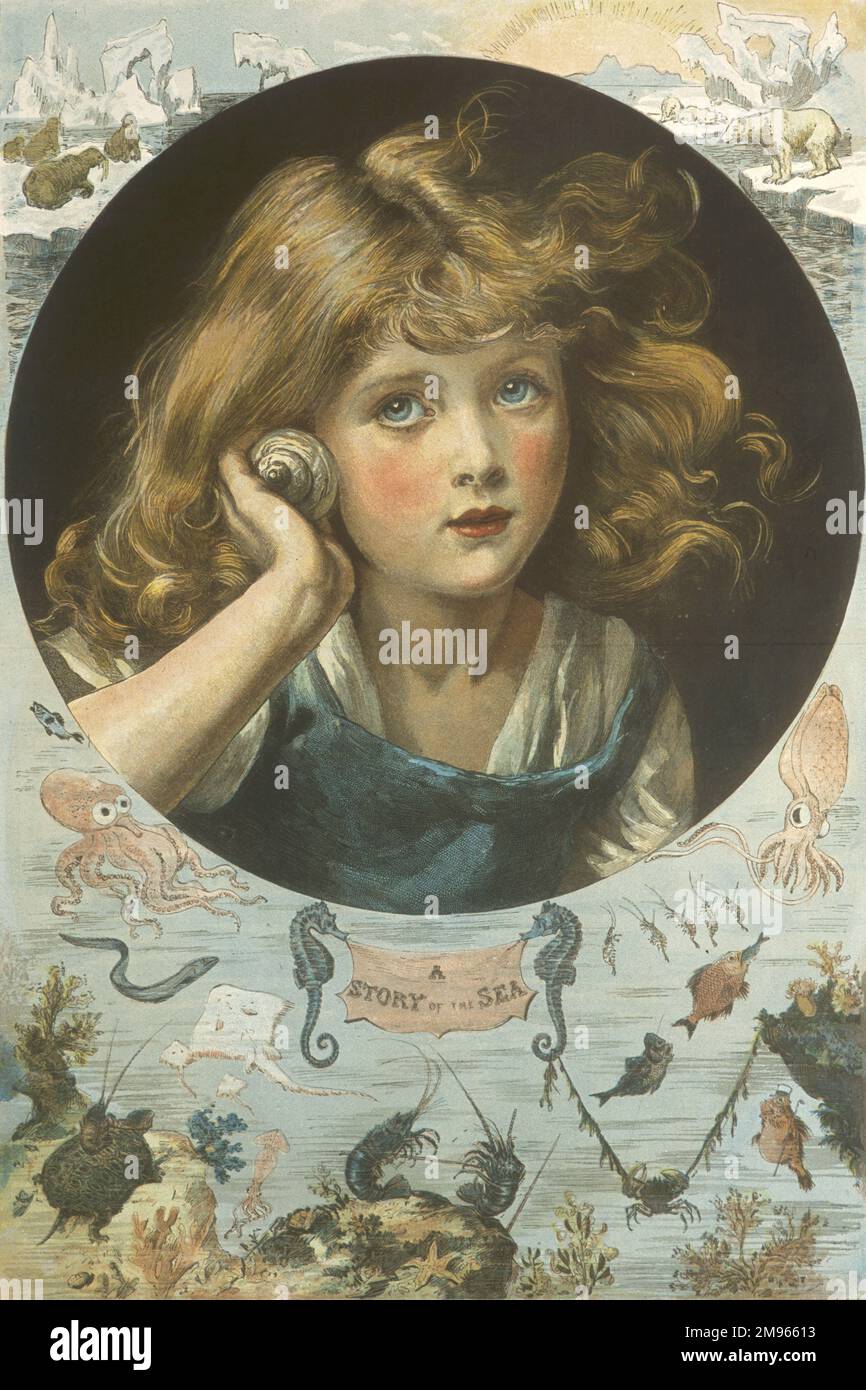 A young girl listens to the sounds of the sea through a seashell, while ...