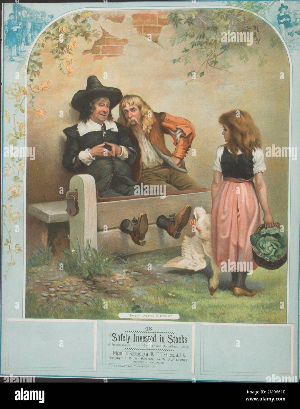 A 17th century scene showing a Puritan and a Cavalier in some village ...