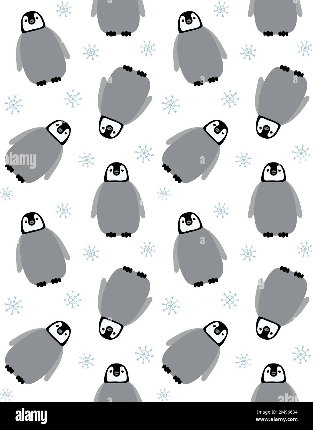 Vector seamless pattern of hand drawn flat baby penguin and snowflakes ...