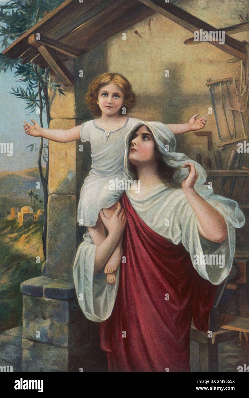 JESUS OF NAZARETH The boy Jesus on the shoulders of his mother Mary ...