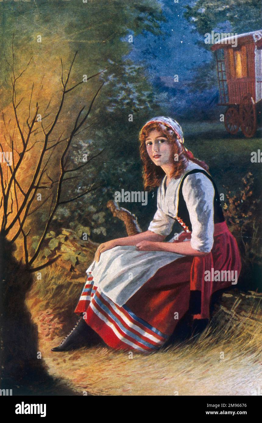 A pretty young gypsy girl sits in a woodland glade by a camp fire Stock ...