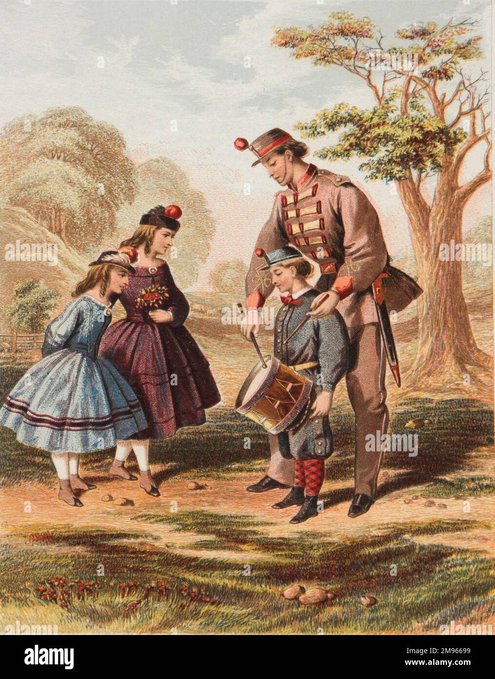 Three children are instructed in the art of beating time on a drum by a ...