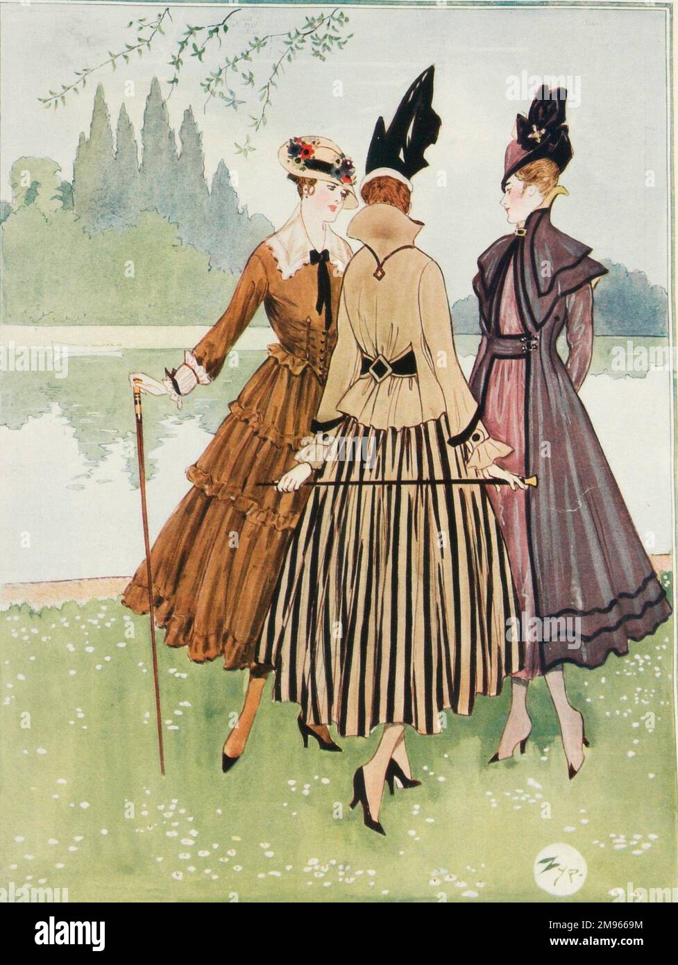 Three elegant ladies model the latest Parisian spring fashions against ...