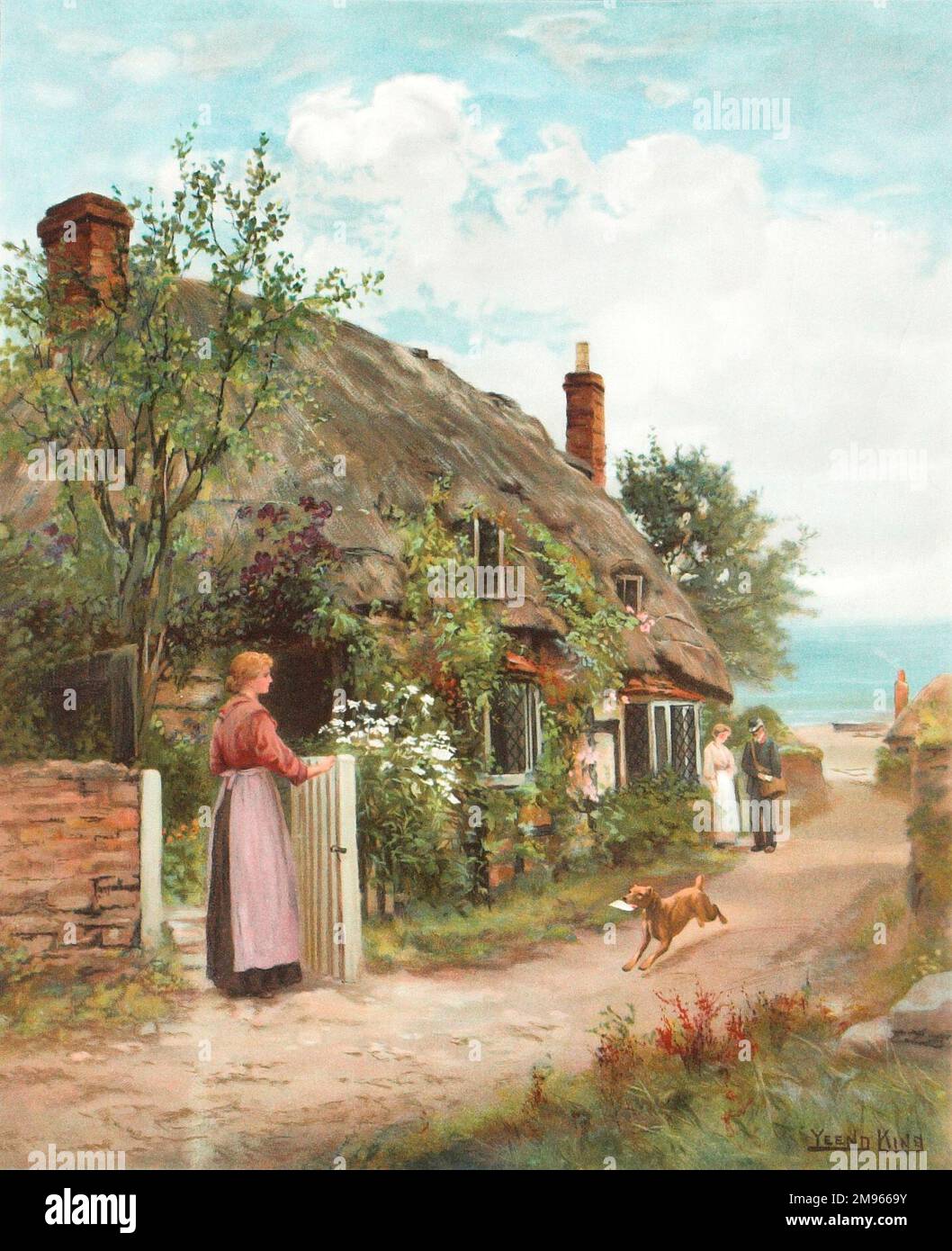 Painting by John Henry Yeend King (1855-1924) showing a postman paying ...