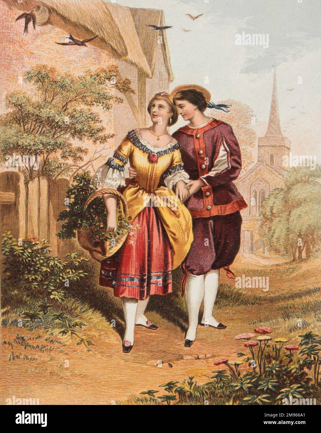 A romantic rural idyll showing two lovers strolling along a country ...