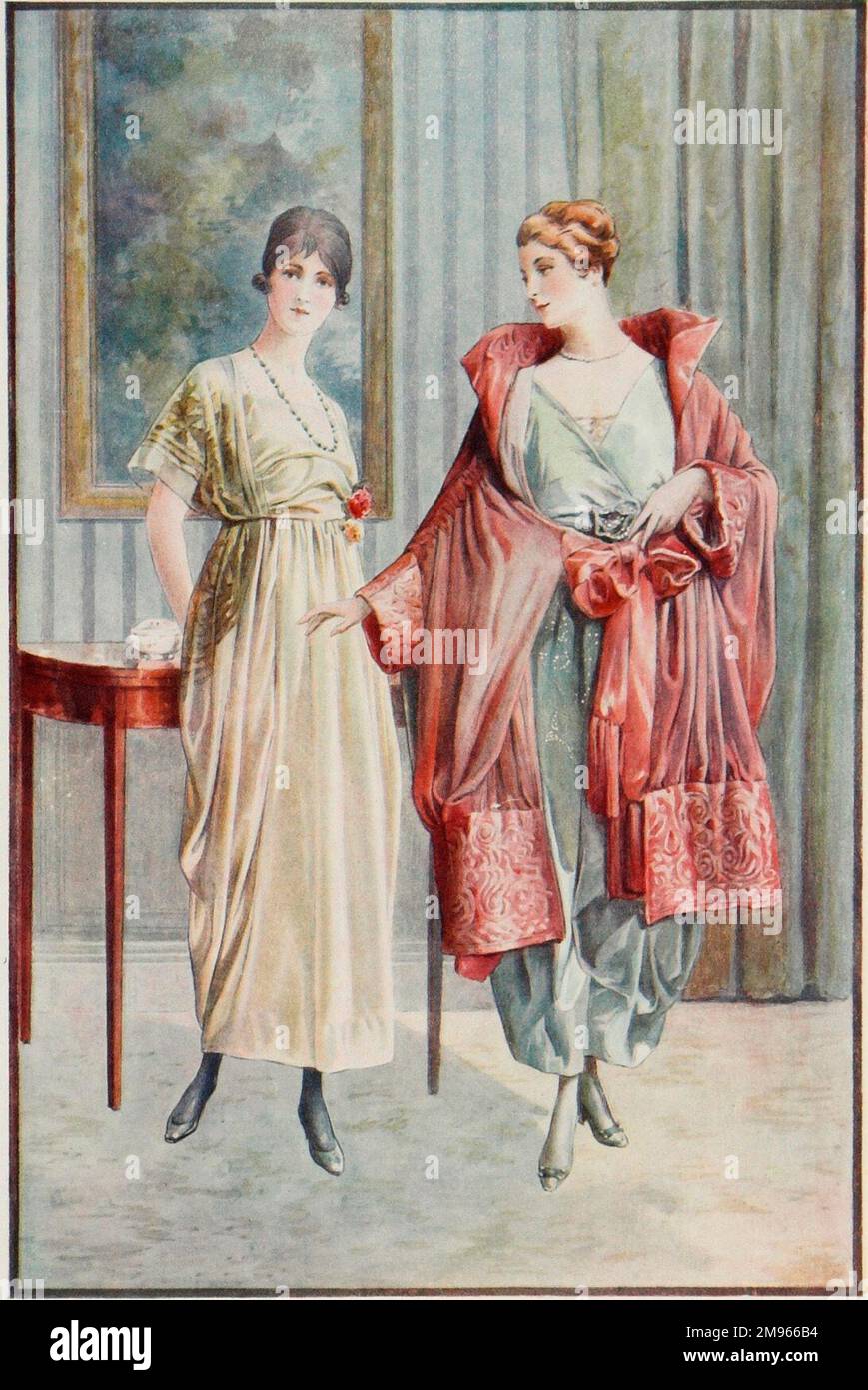 Two elegant dresses modelled by ladies, one of whom is wearing a ...