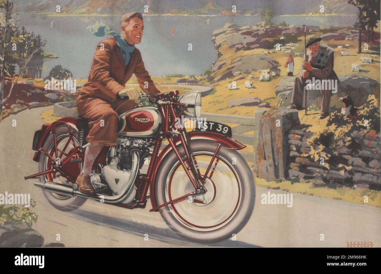 A colour illustration, depicting a man riding his Triumph motorcycle ...
